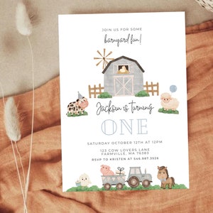 Farm Animal First Birthday Invitation Boy | Editable Farm Birthday ...