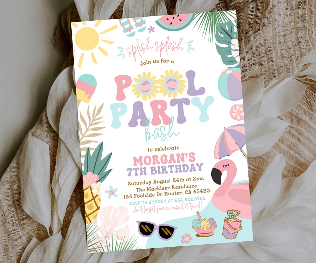 Editable Pool Party Invitation Tropical Splish Splash Girly Pool Party ...