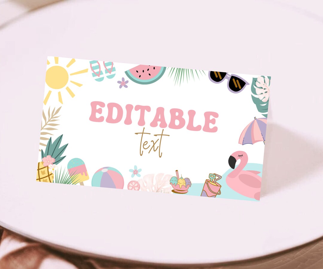 Editable Pool Party Folded Tent Cards Tropical Splish Splash Girly Pool ...