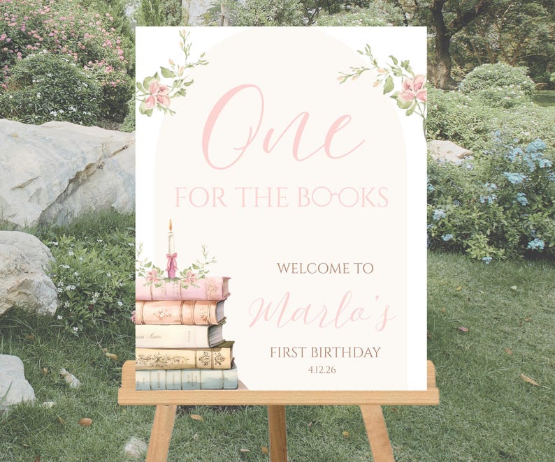 One for the Books, Pink Book First Birthday Welcome Sign, Book Themed ...
