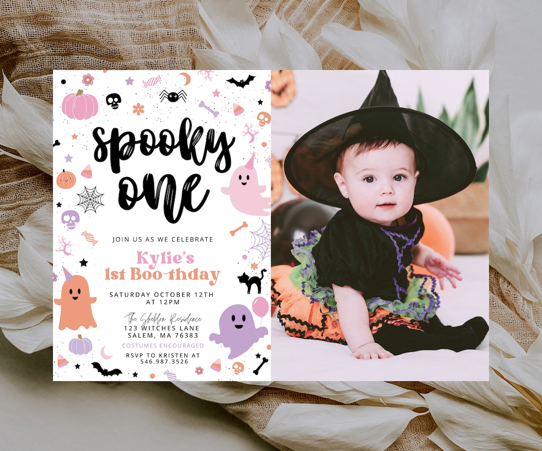 Cute Pink Ghost 1st Birthday Spooky 1st Birthday Editable Spooky One ...