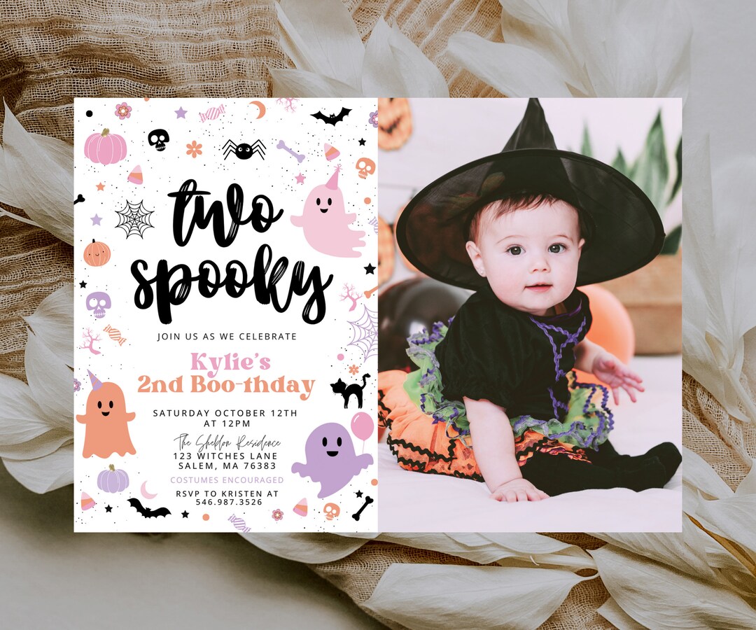 Ghost 2nd Birthday Party Invitation Cute Pink Ghost 2nd Birthday Spooky ...