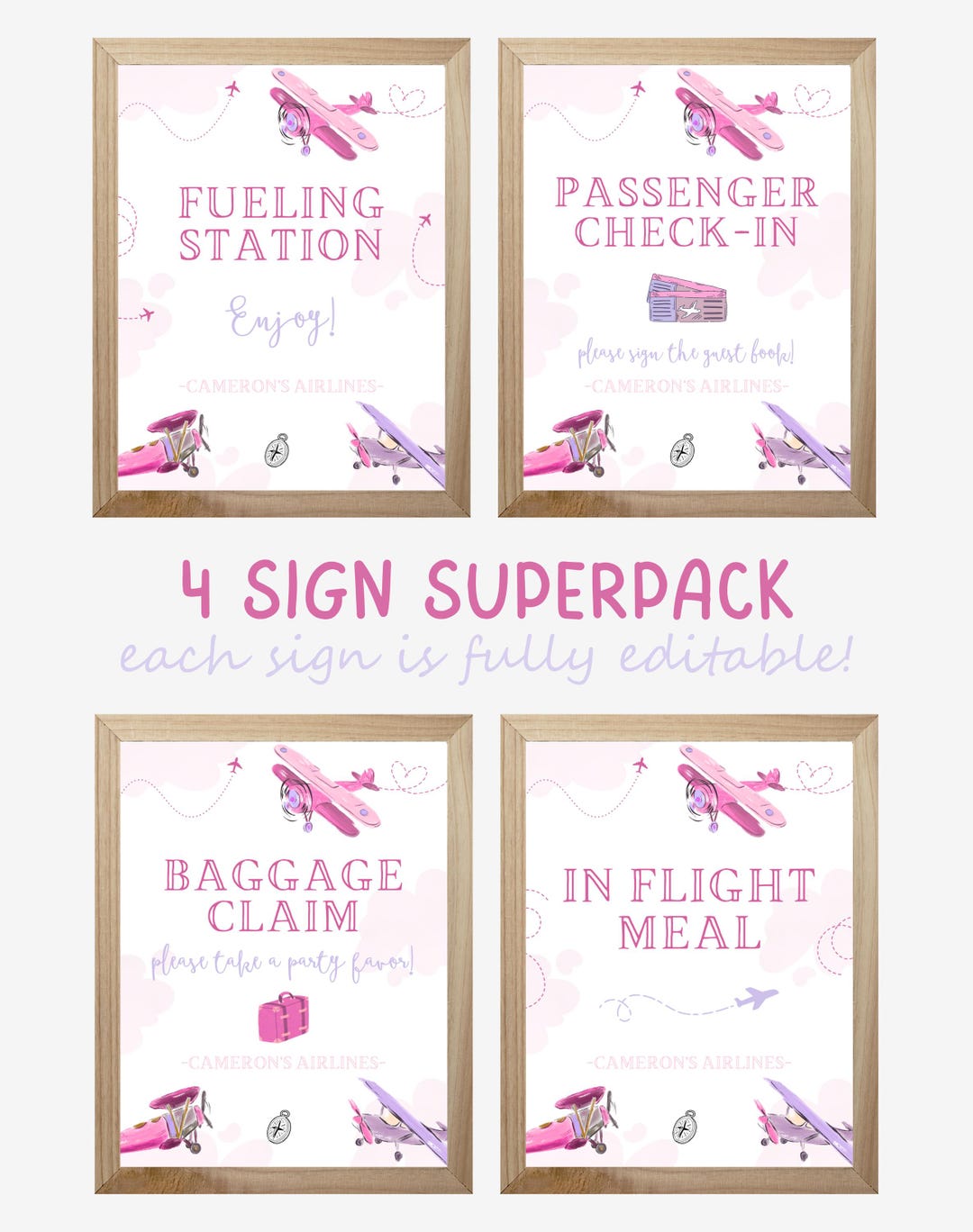 Editable Airplane Birthday Signs, Modern Plane Food Signs, Time TWO Fly ...