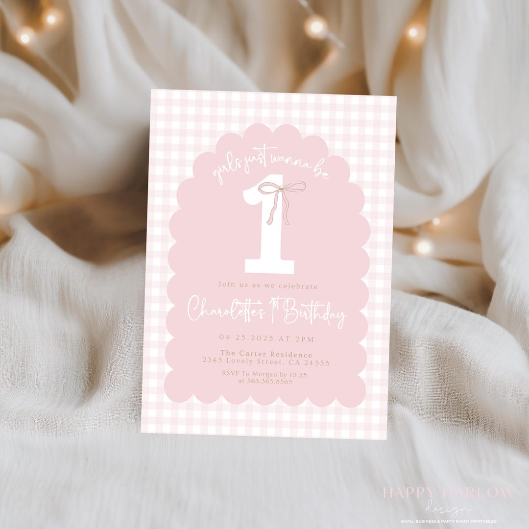 Editable Girls Just Wanna Be One Birthday Invitation Pink Bow 1st ...