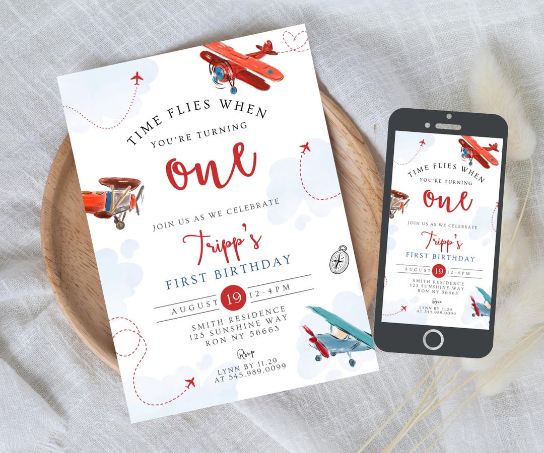 Time Flies When You’re Turning ONE Birthday Party Invitation, Airplane ...