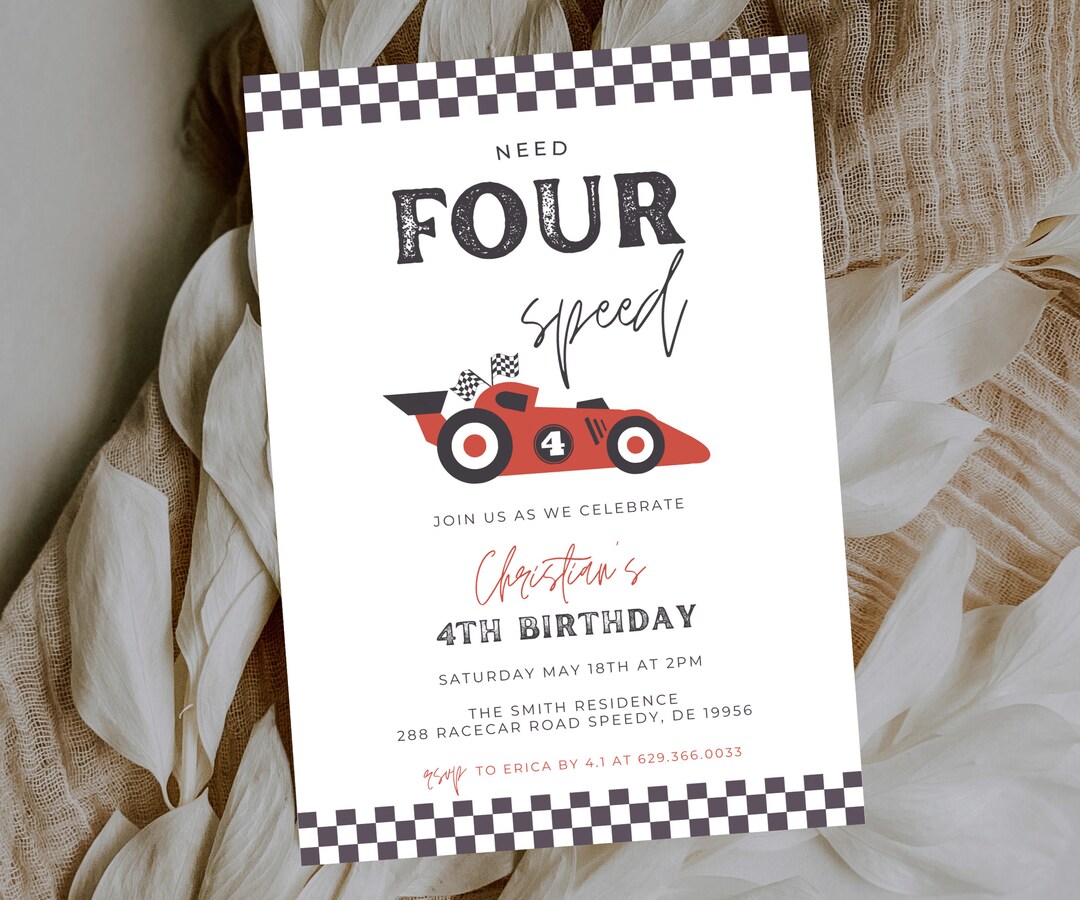 Need FOUR Speed Birthday Invitation Template Editable Red Race Car 4th ...