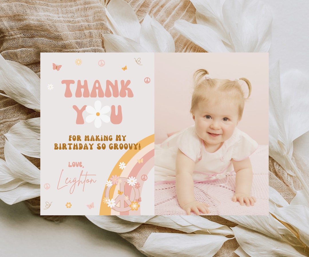 EDITABLE First Birthday Groovy One Birthday Party Thank You Card, Daisy ...