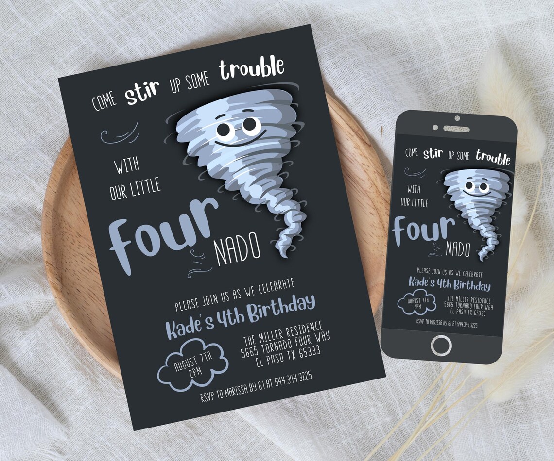 Boy Fournado Birthday Party Invitation | Storm Weather Party Invitation ...