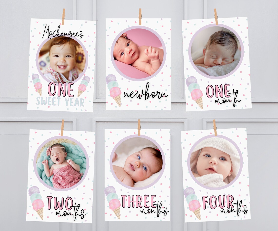 Editable Ice Cream Monthly Photo Banner First Birthday Girl Pink Sweet ...