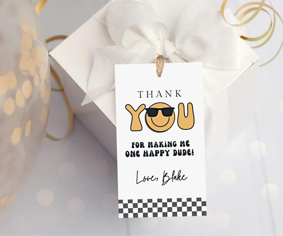 Editable One Happy Dude Birthday Party Favor Tag, Retro Smiley Face ...
