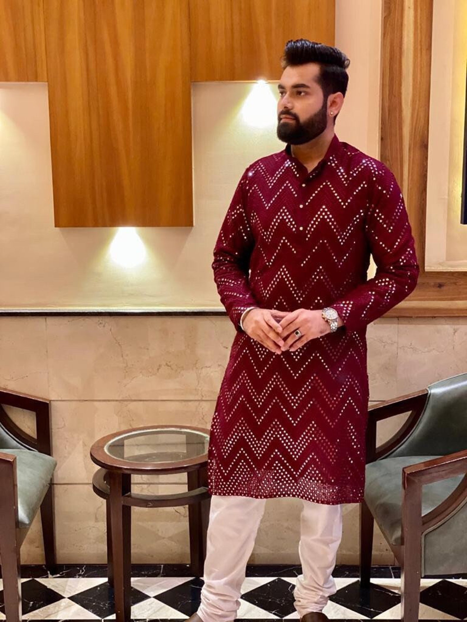 Handmade Mens Mirror Work Chevron Kurta Pyjama Set | Wedding Wear Kurta ...