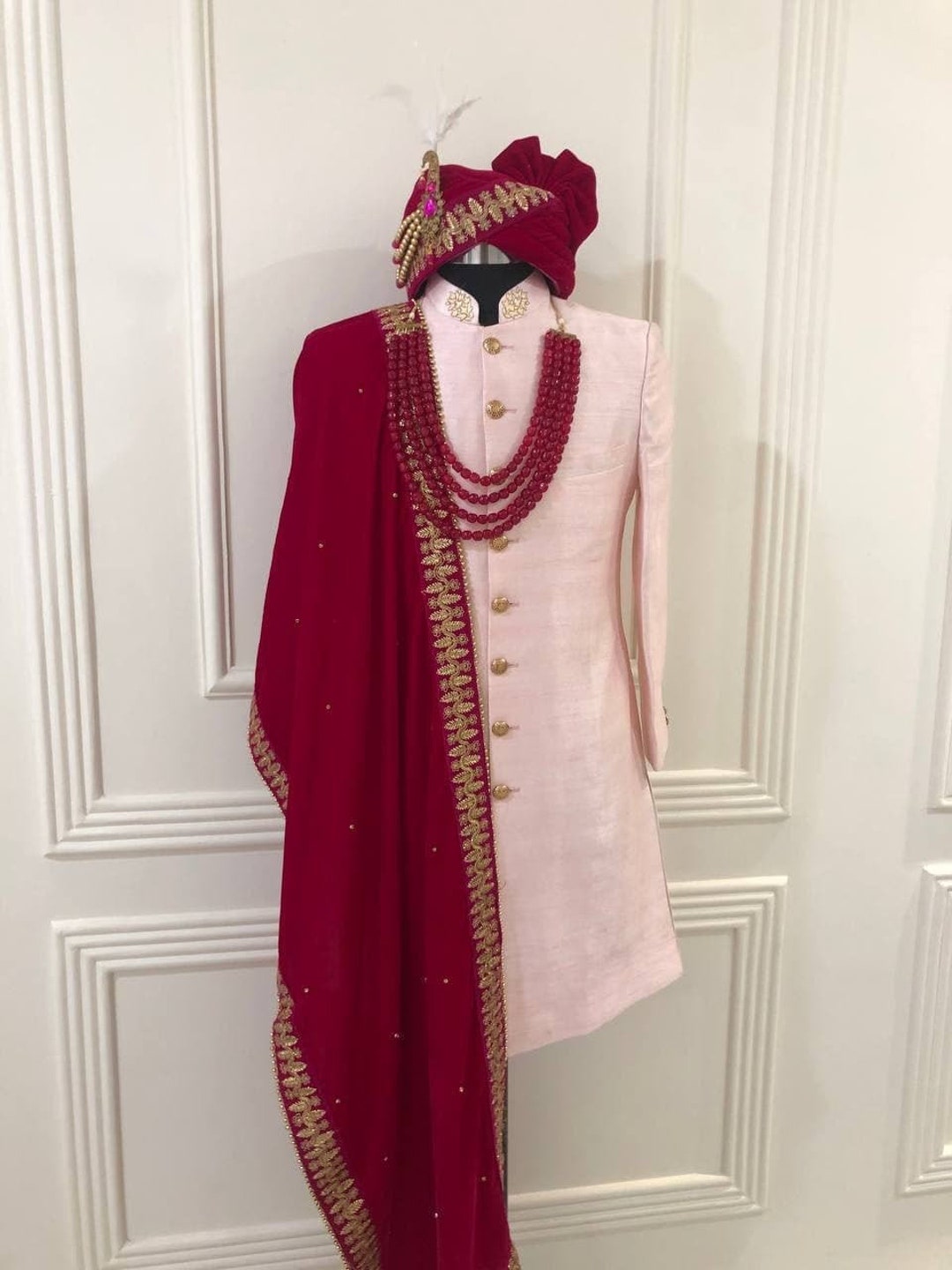 Mens Wedding Wear Self Textured Sherwani Turban & Shawl Set|sherwani ...