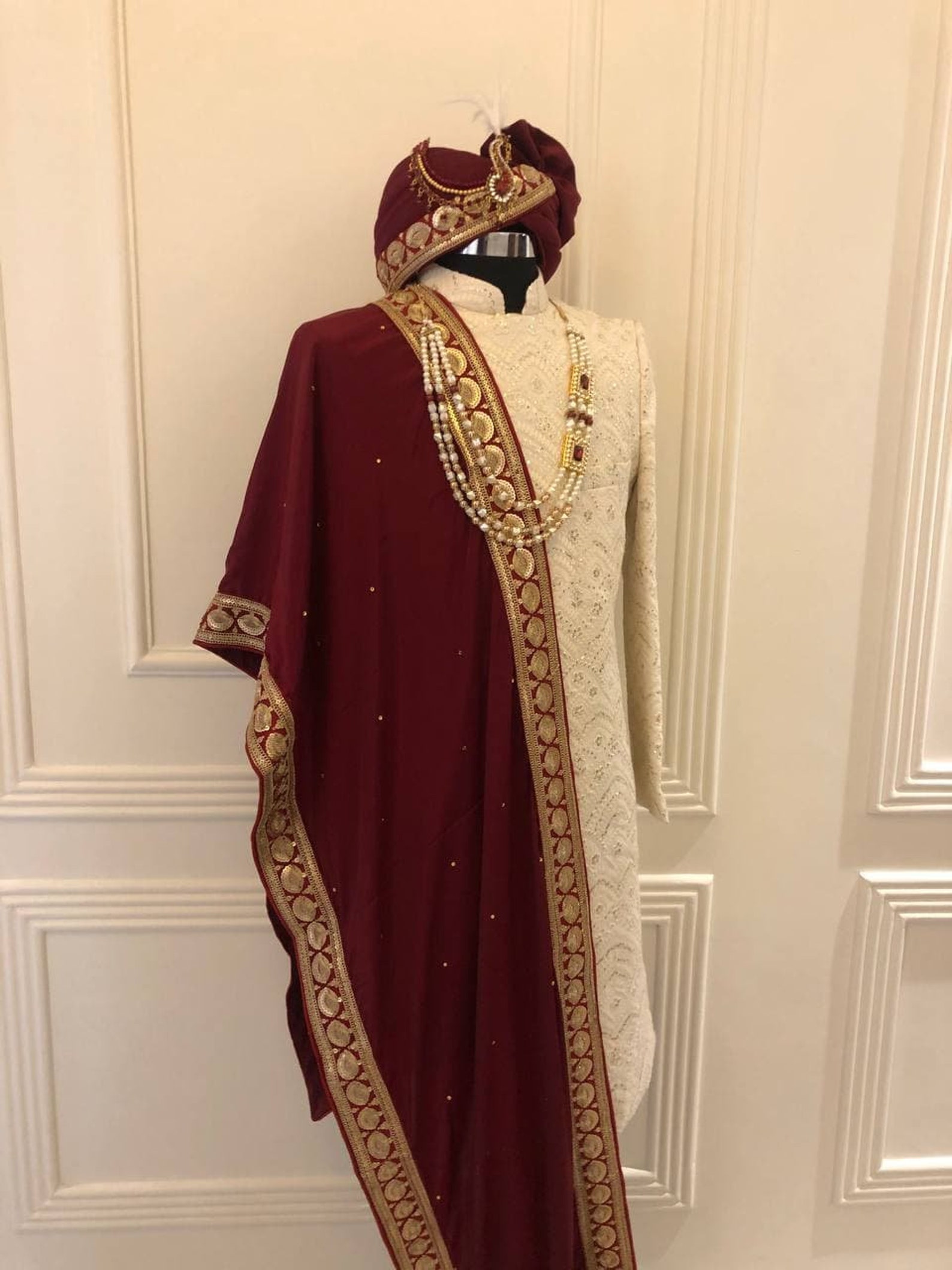 Mens Wedding Wear Embroidered Sherwani Turban & Shawl - Etsy