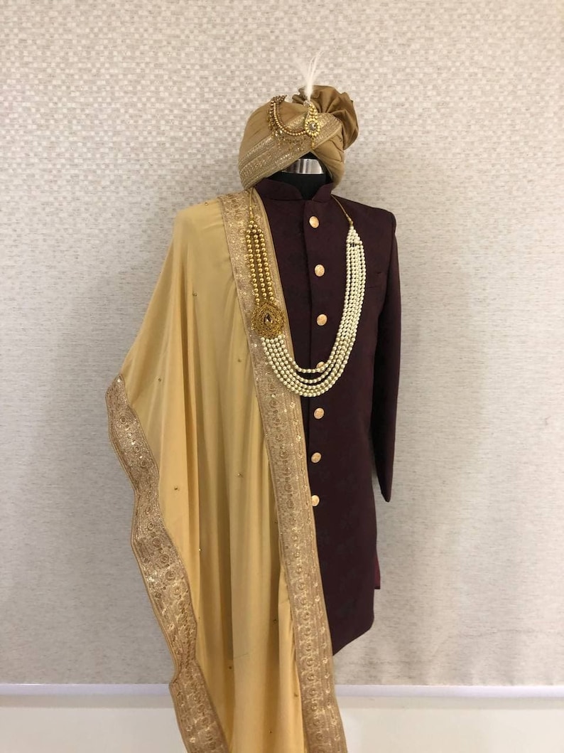 Mens Wedding Wear Self Textured Sherwani Turban & Shawl - Etsy