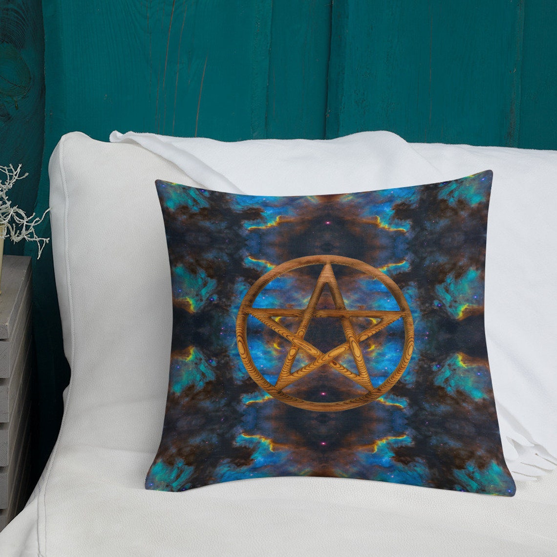 Pentacle Square Premium Pillow Wiccan Encircled Pentagram Blues Gold ...