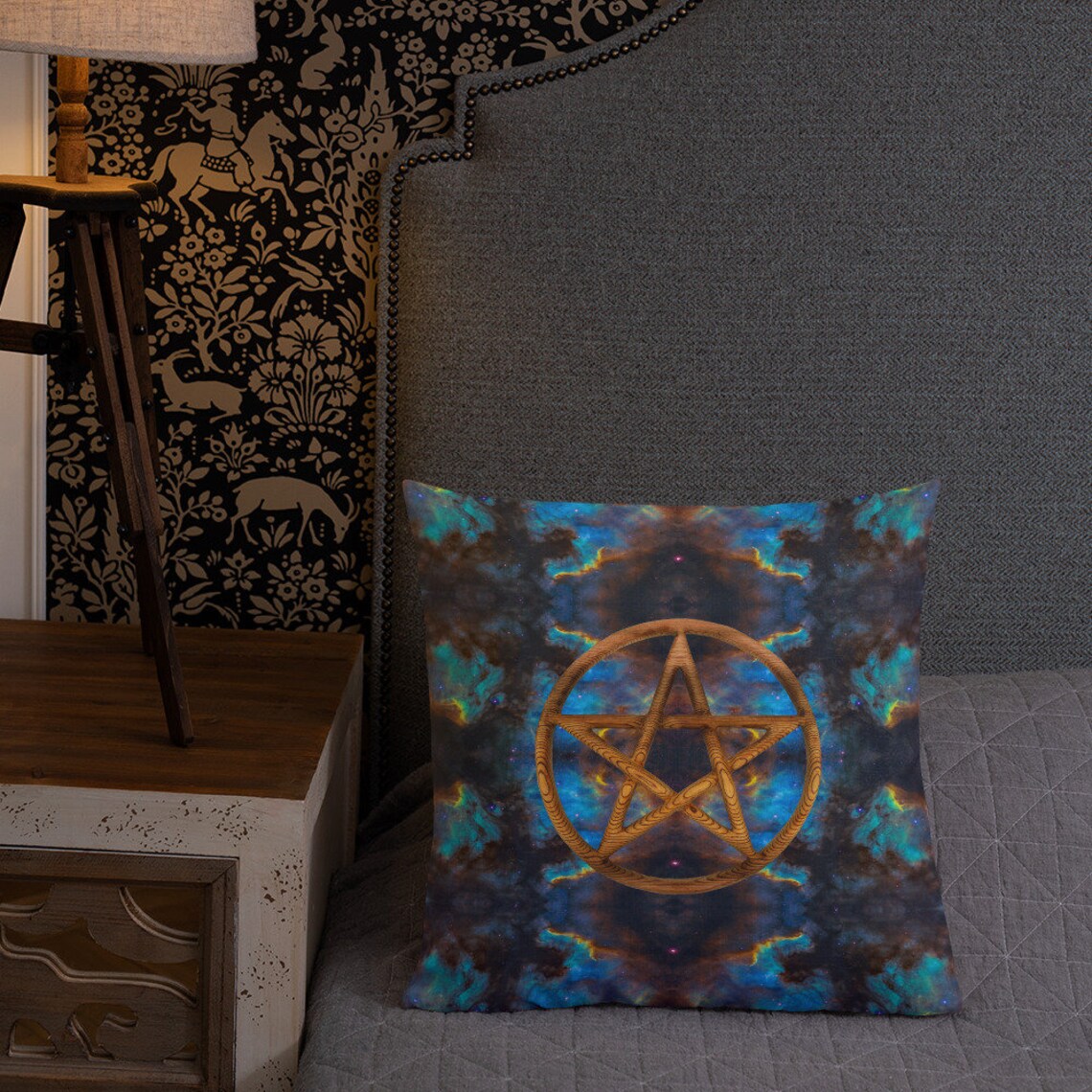 Pentacle Square Premium Pillow Wiccan Encircled Pentagram Blues Gold ...