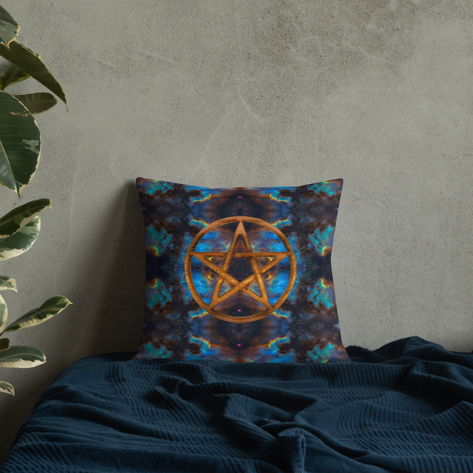 Pentacle Square Premium Pillow Wiccan Encircled Pentagram Blues Gold ...