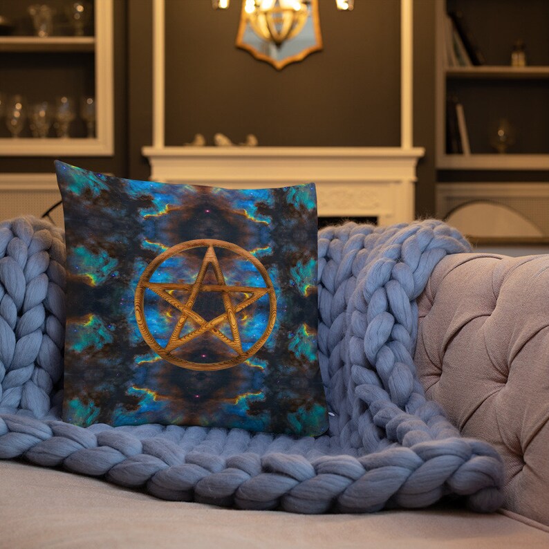 Pentacle Square Premium Pillow Wiccan Encircled Pentagram Blues Gold ...