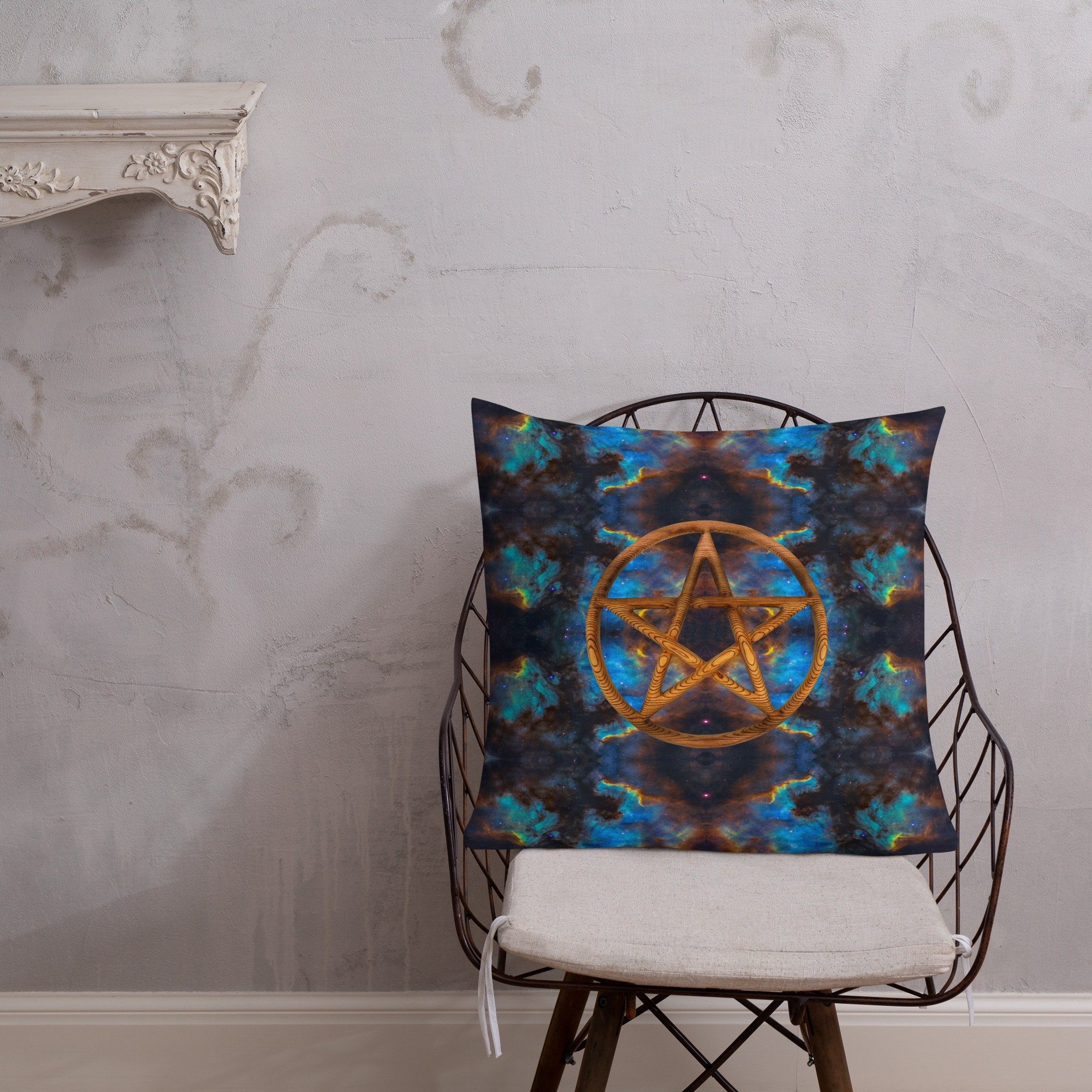 Pentacle Square Premium Pillow Wiccan Encircled Pentagram Blues Gold ...