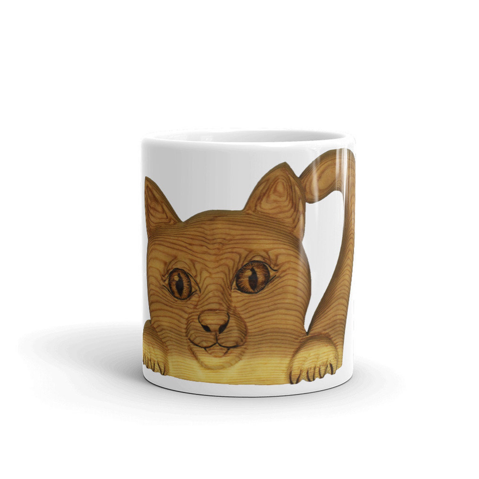 Curious Cat Coffee Cup Wood Carved Cat Mug Curious Kitten Tea Cup Kitty ...