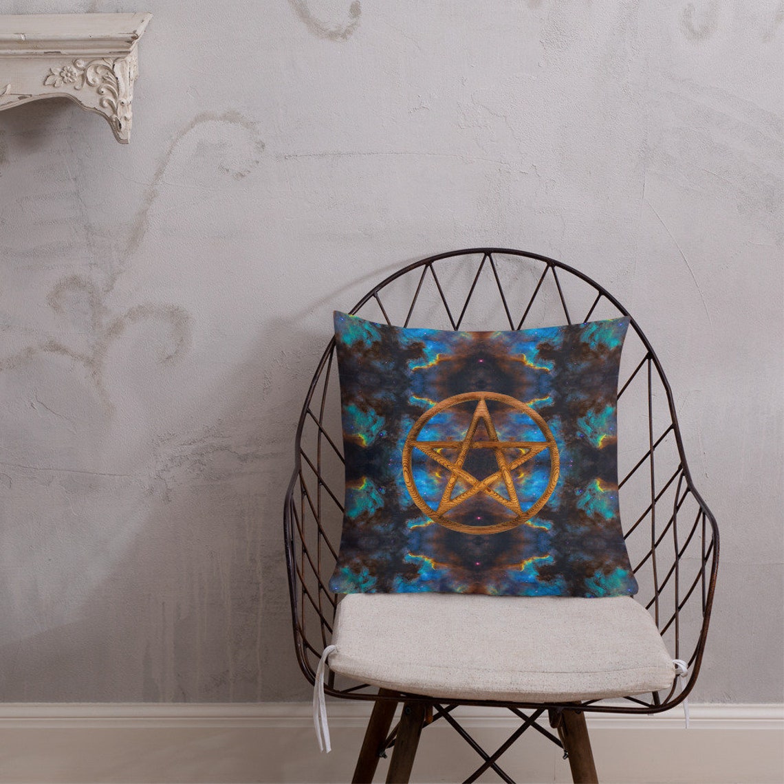 Pentacle Square Premium Pillow Wiccan Encircled Pentagram Blues Gold ...