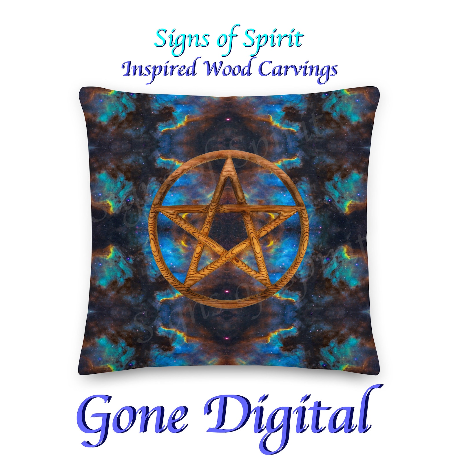 Pentacle Square Premium Pillow Wiccan Encircled Pentagram Blues Gold ...