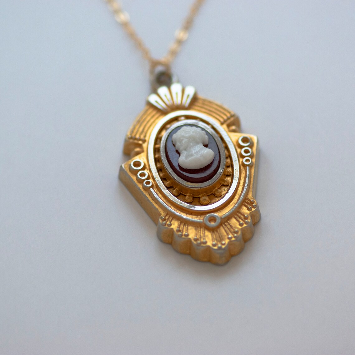 Antique Victorian Cameo Locket Pendant Necklace, Gilt Gold Washed Photo ...