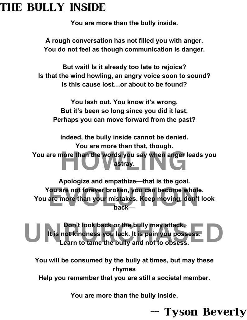 The Bully Inside Printable Poem About Anger Management and Mental ...