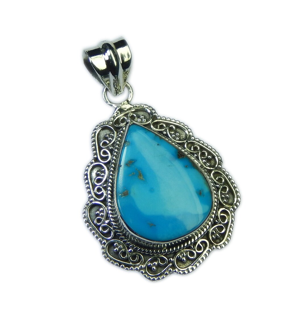 SALE Natural Pear Turquoise Silver Pendant, Natural Gemstone Pendant ...
