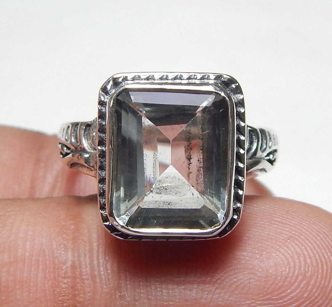 Faceted 9x11mm Rectangle Shape Green Amethyst Gemstone Ring, 925 ...