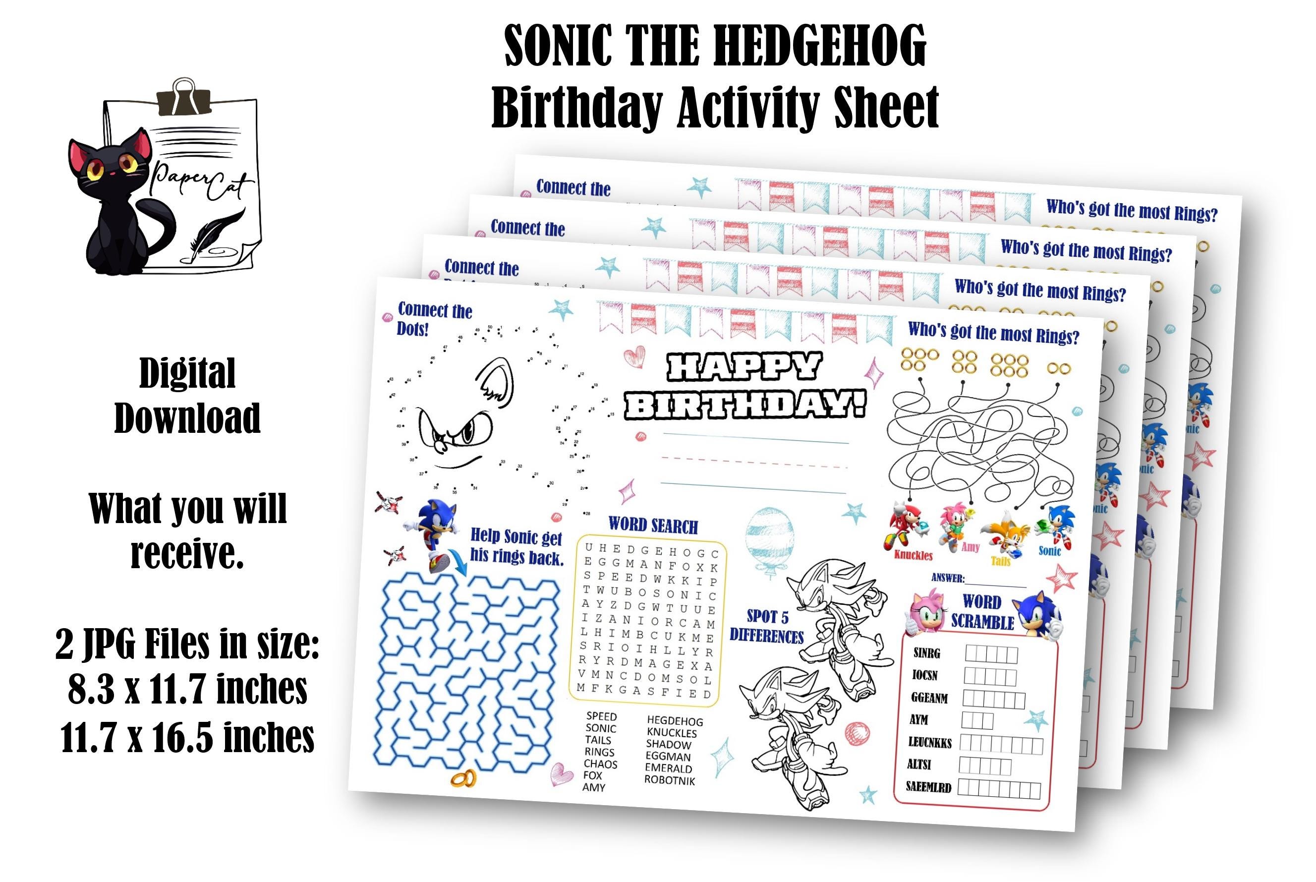 Sonic the Hedgehog Activity Printable Placemat, Party Activity Sheets ...