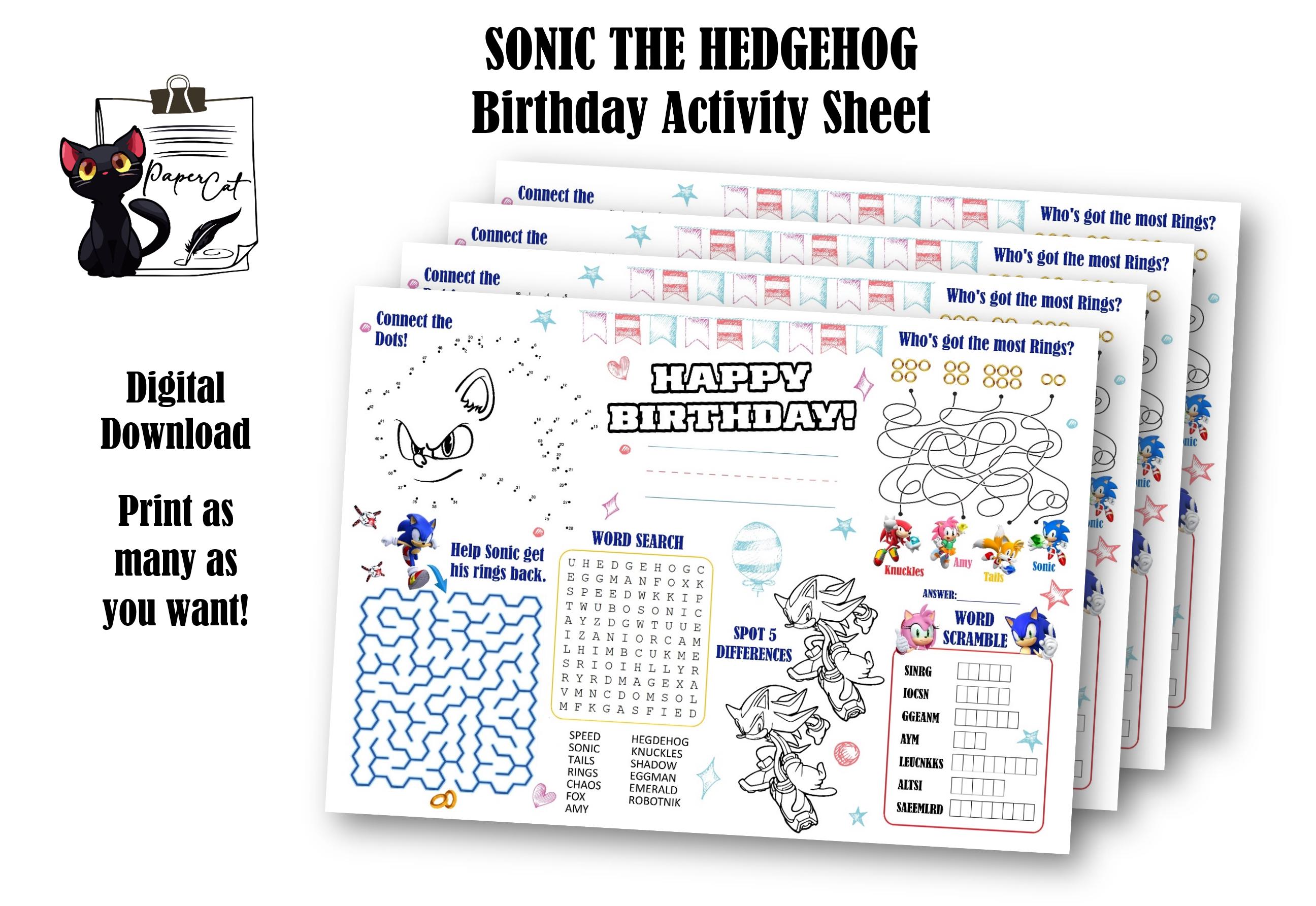 Sonic the Hedgehog Activity Printable Placemat, Party Activity Sheets ...