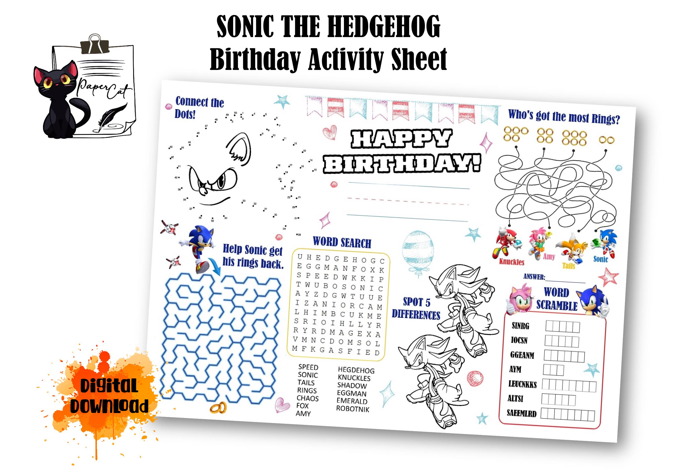 Sonic the Hedgehog Activity Printable Placemat, Party Activity Sheets ...