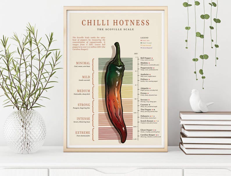 Scoville Scale Chilli Hotness Poster | Hot Pepper Heat Level Chart ...
