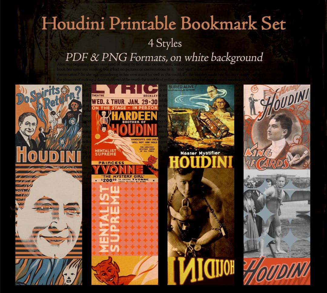 Printable Houdini Bookmark Set Scrapbooking Junk Journal Ephemera Digital Bookmarks Houdini ...