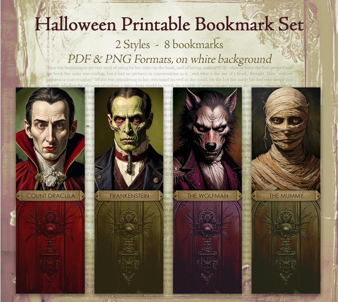 Printable Kids Halloween Bookmark Dracula Frankenstein Wolfman Mummy ...
