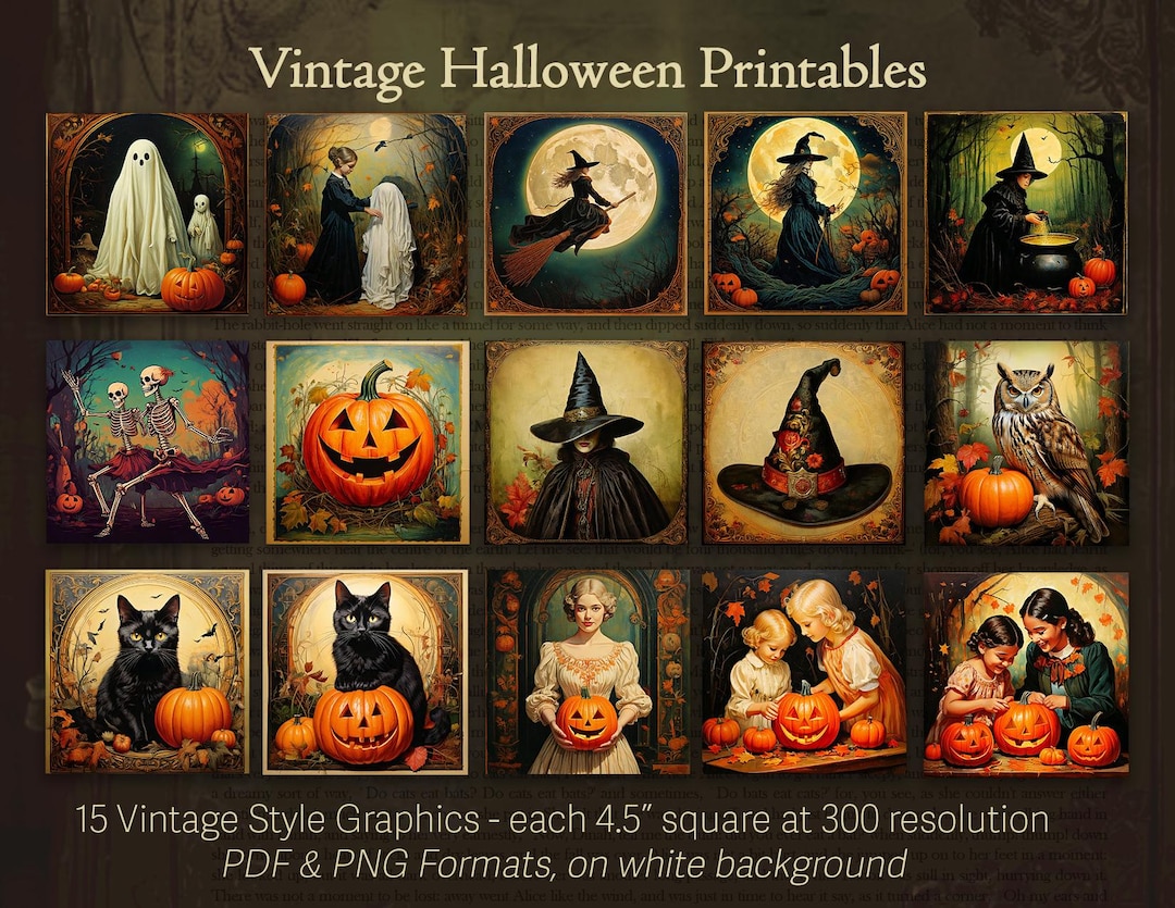 Printable Vintage Halloween Clip Art Set Witches Black Cats Owl Jack-o ...