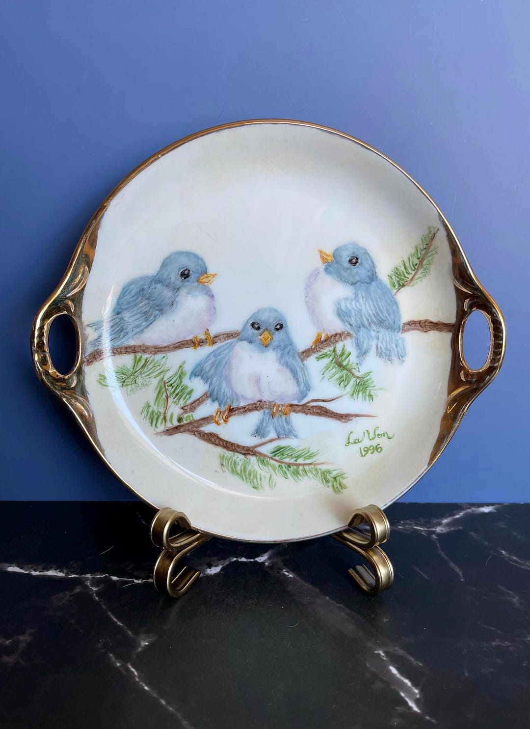 Hand-painted Porcelain Blue Bird Plate: Signed Vintage Decor - Etsy