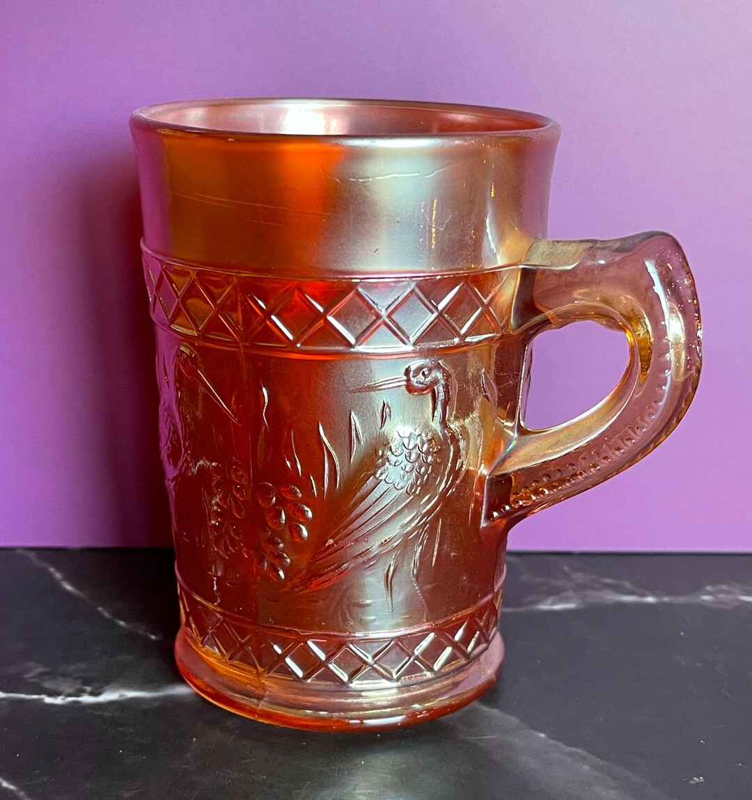 Antique Dugan Carnival Glass Mug - Stork and Rushes Pattern, Marigold ...
