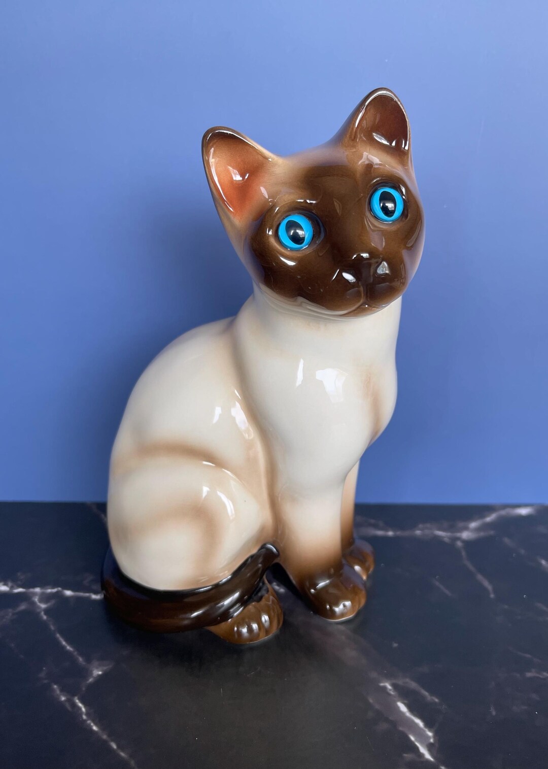 Large Vintage Siamese Cat Figurine - Fine Porcelain With Striking Blue ...