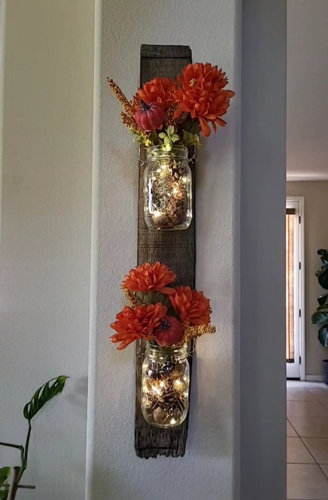 Whiskey Barrel Slat With 2 Lighted Mason Jars W/ Fall Colored - Etsy
