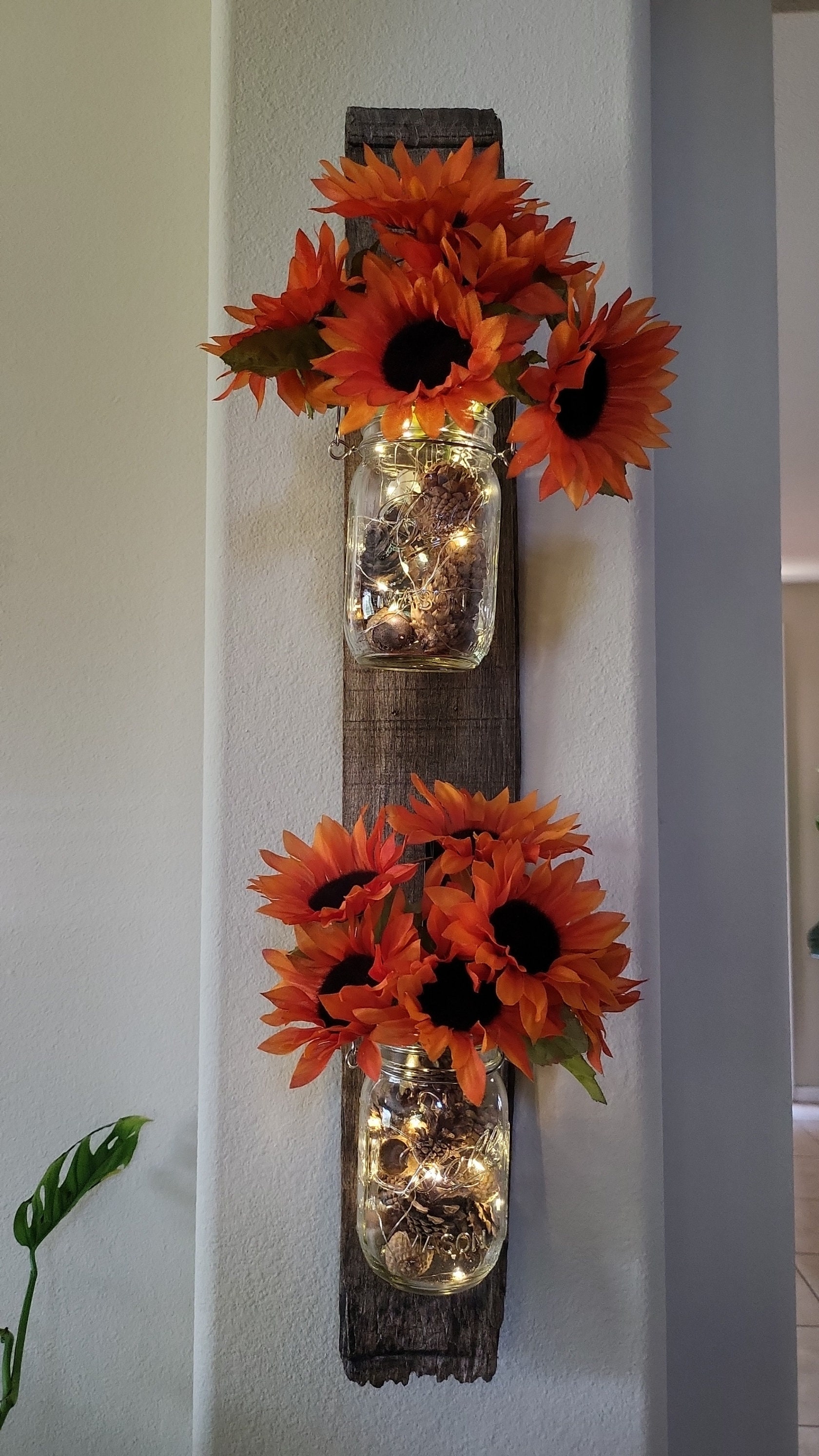 Whiskey Barrel Slat With 2 Lighted Mason Jar W/ Coral Orange Daisy ...