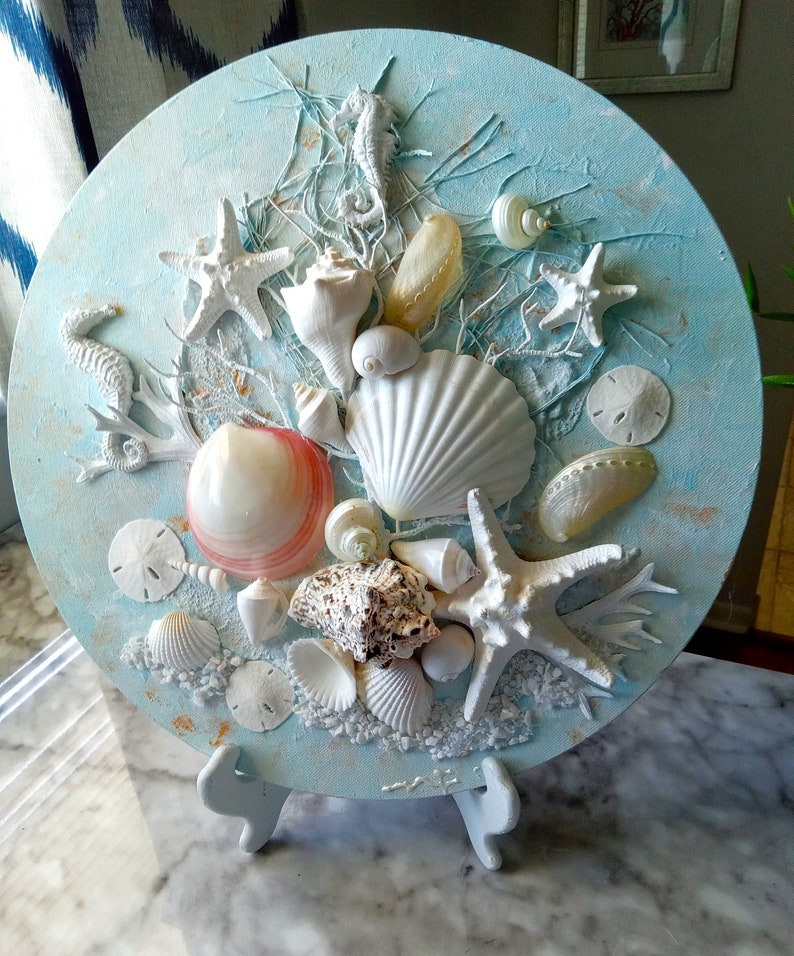 Modern Seashell Art, Coastal Wall Hanging, Unique 16 Round Canvas ...