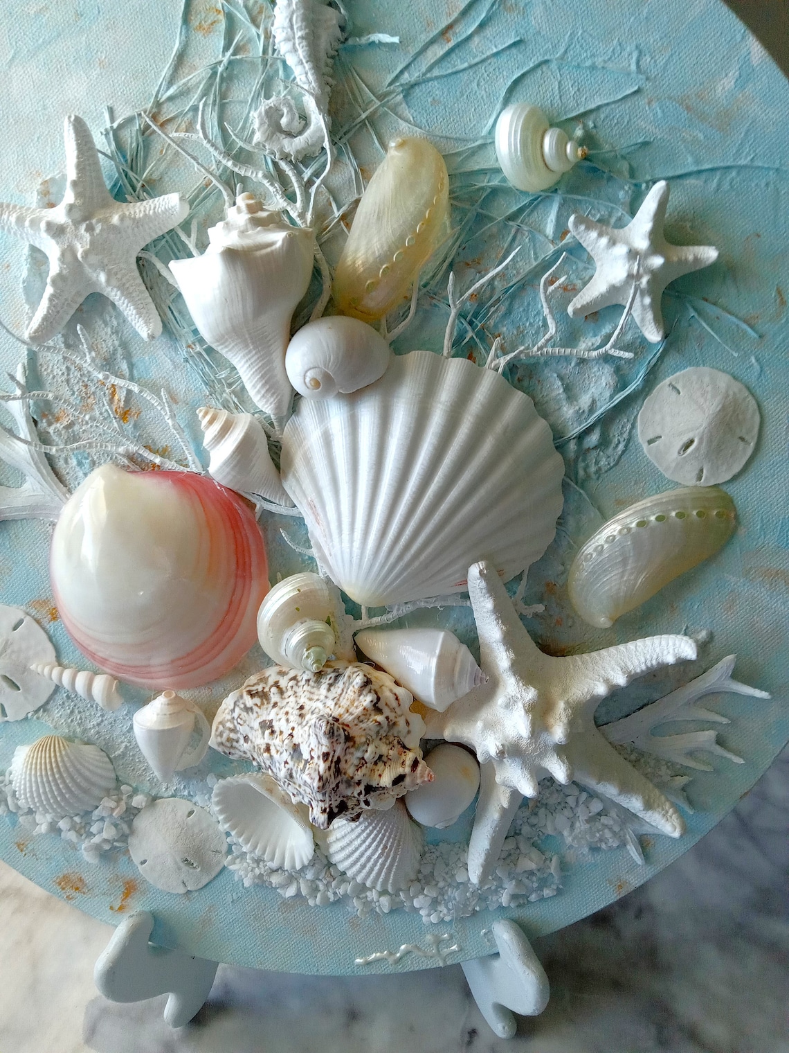 Modern Seashell Art, Coastal Wall Hanging, Unique 16 Round Canvas ...