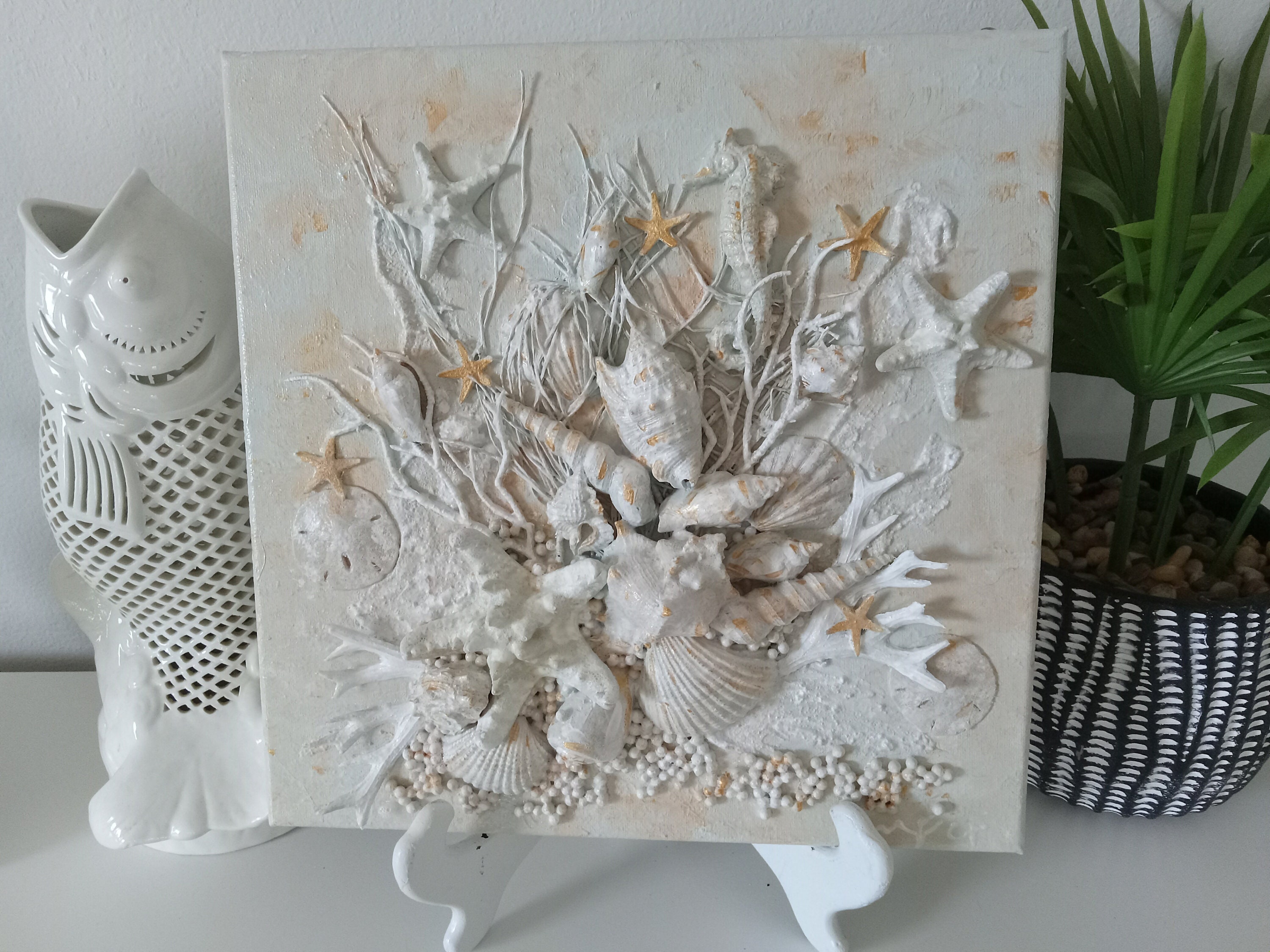 Modern Unique Seashell Coastal Art Wall Hanging, Handmade 12X 12 Beach ...