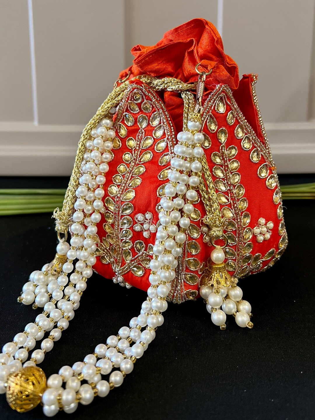 Bright Orangish Red Wedding Potli Bag Handmade Embellished Stone and ...