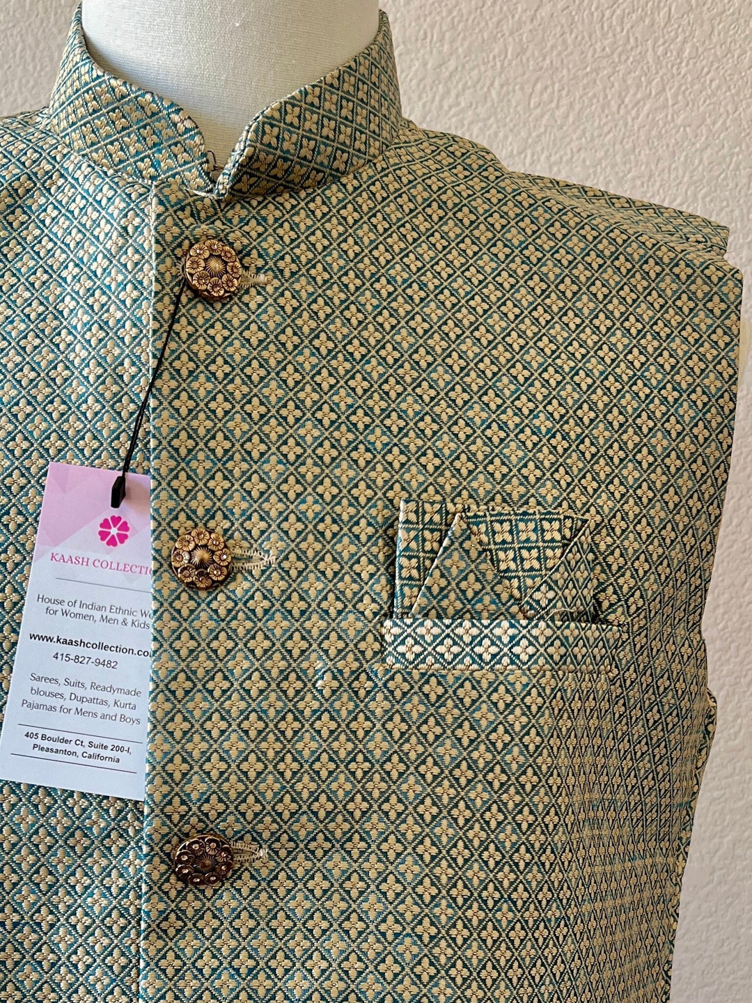 Designer Woven Greenish Blue Dual Tone Color Modi Nehru Jacket for Men ...