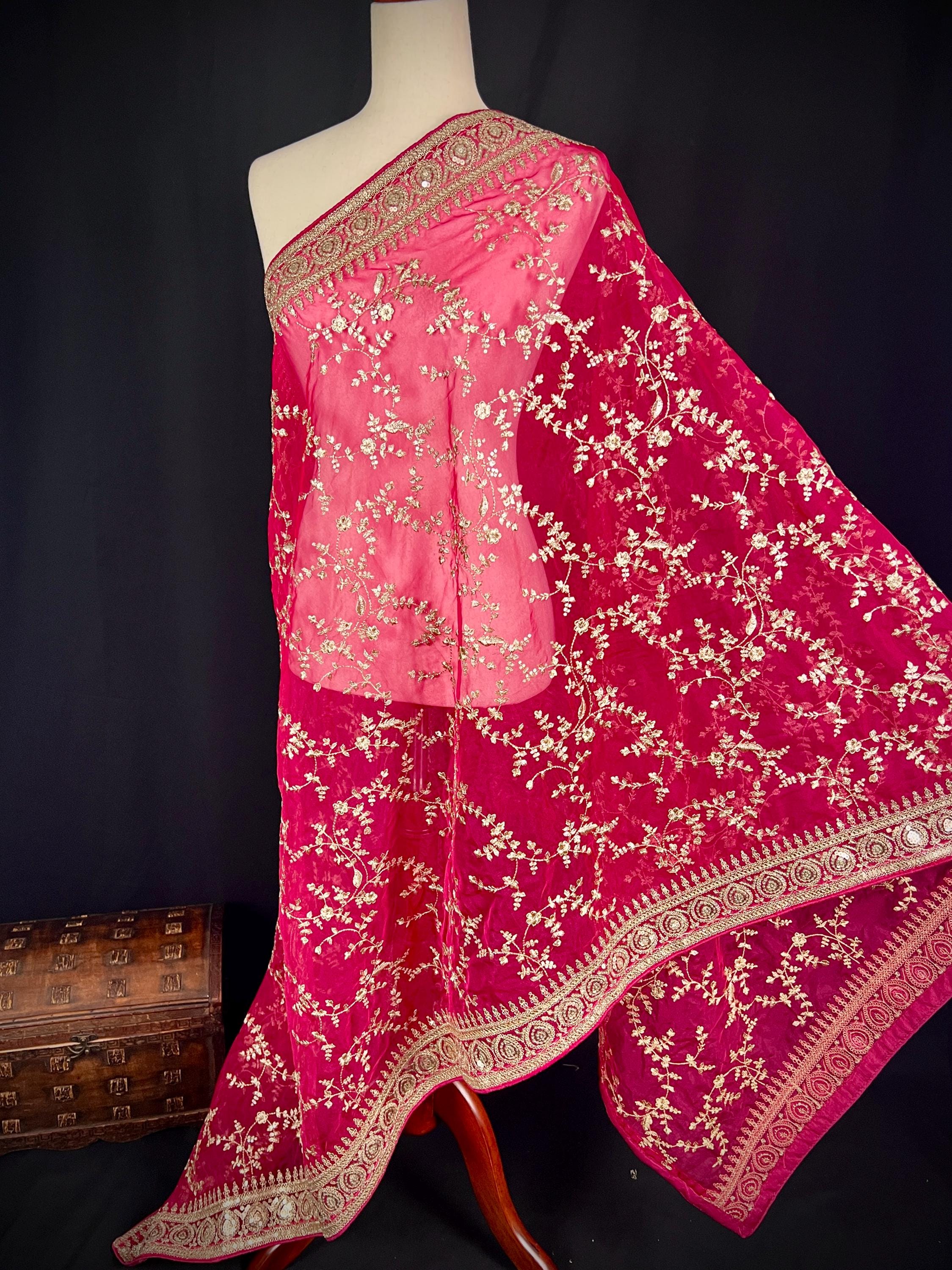 Statement Hot Pink Color Organza Silk Dupatta With Muted Gold Zari ...