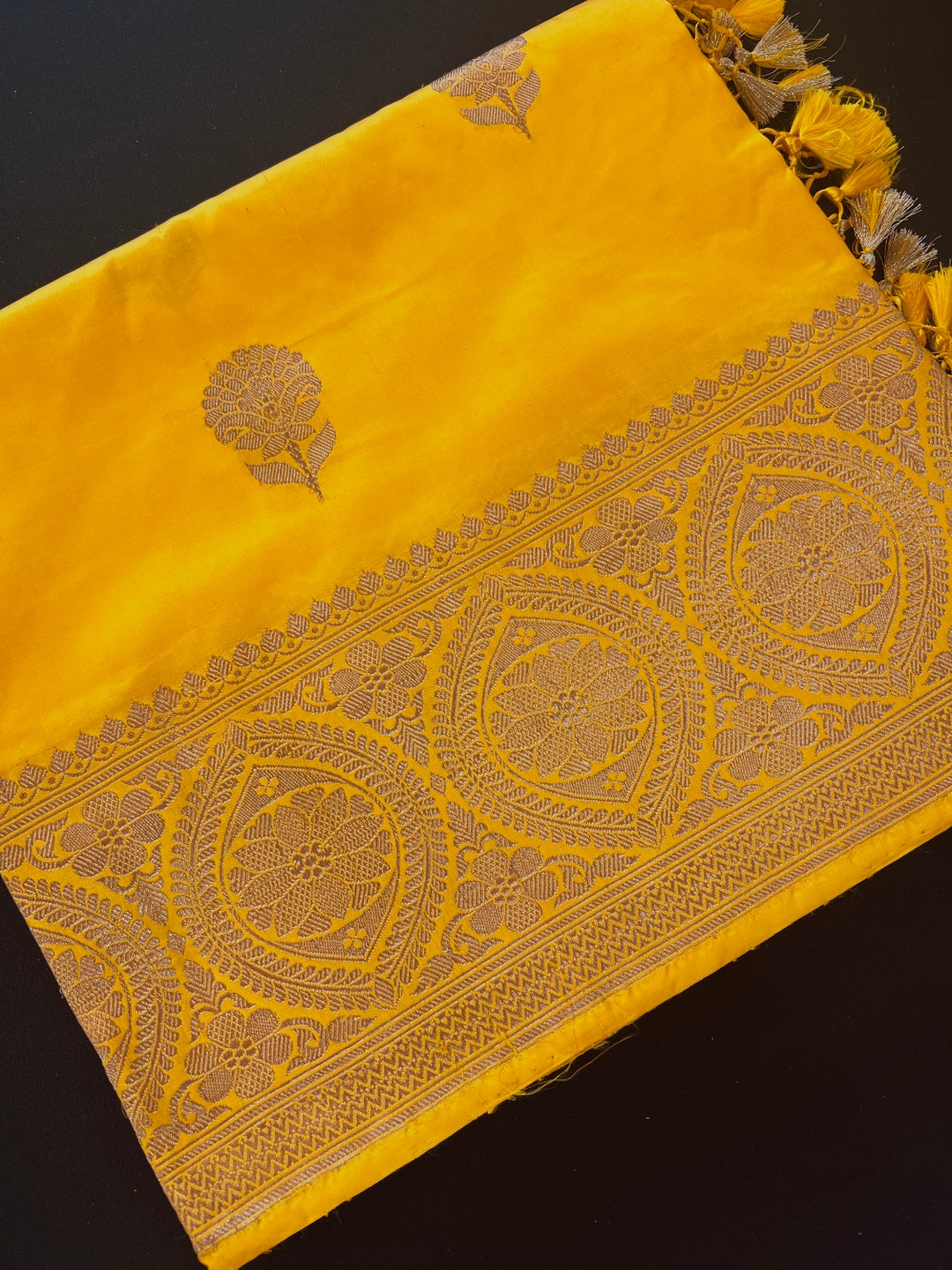 Mango Yellow Pure Katan Silk Saree With Antique Copper Zari | Pure ...