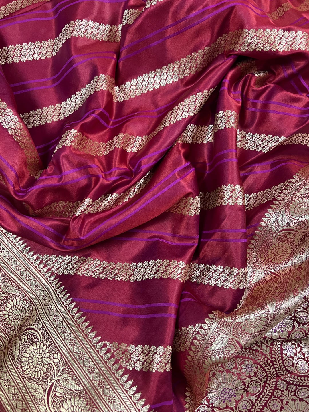 Wine Color Mashru Silk Handloom Saree With Purple Stripes Gold Zari ...